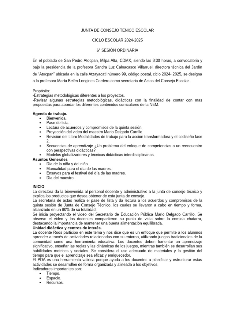 Junta - de - Consejo - Tenico - Escolar - 6° JN | PDF | Aprendizaje ...