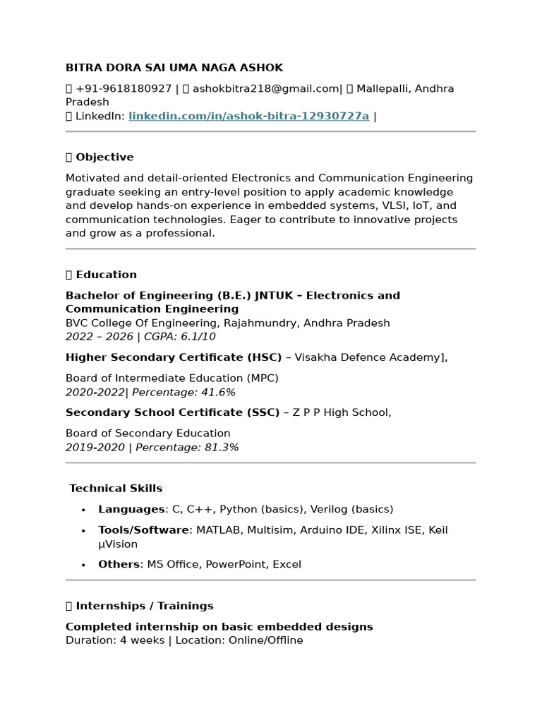 Electronics Engineer Resume - Ashok Bitra | PDF
