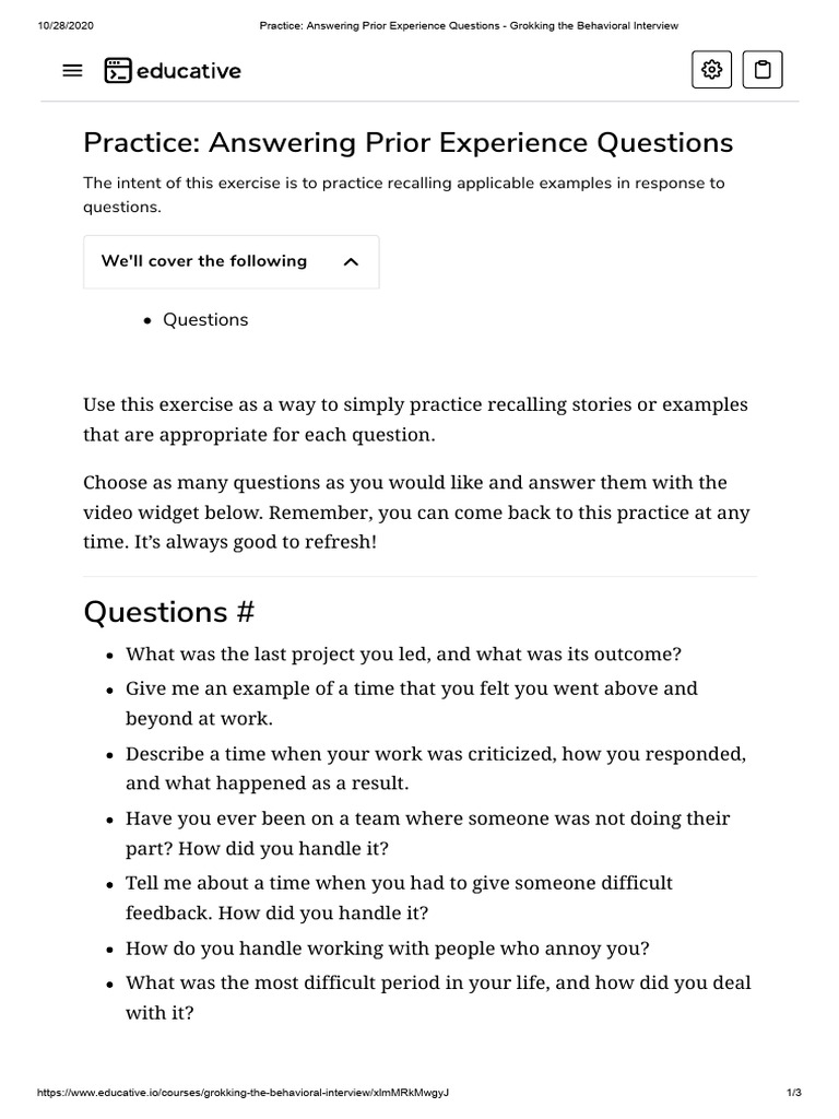 Practice - Answering Prior Experience Questions - Grokking The ...