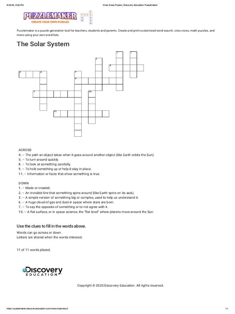 Criss Cross Puzzle - Discovery Education Puzzlemaker | PDF