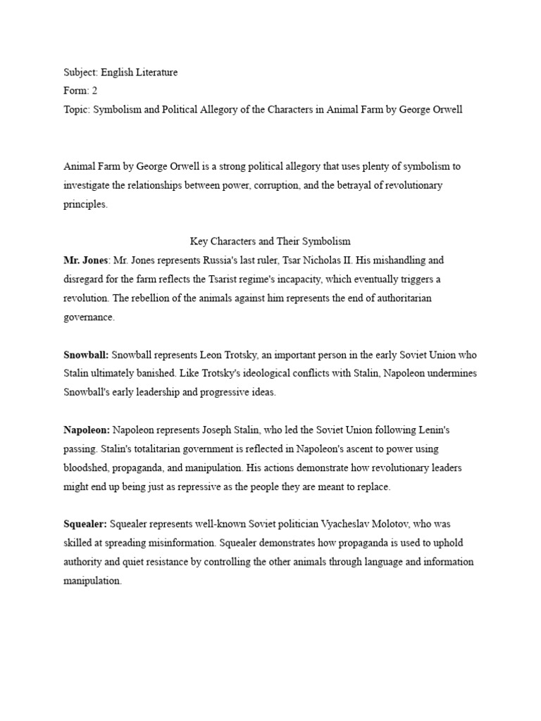 Class Notes - Symbolism and Political Allegory of The Characters in ...