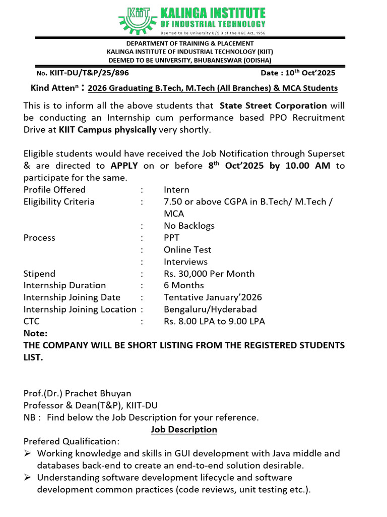 Registration For State Street Internship Cum PPO Recruitment Drive - 2026 Graduating Batch | PDF ...