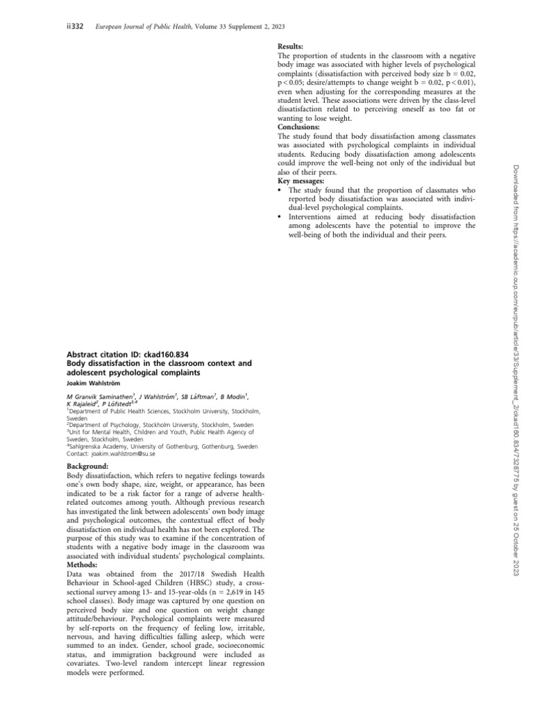 Body Dissatisfaction in The Classroom Context and | PDF | Psychology ...