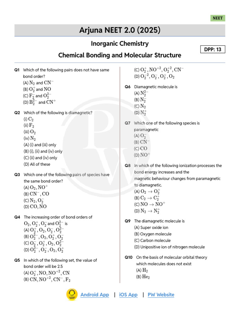 Chemical Bonding and Molecular Structure _ DPP 13 (of Lec 14) __ Arjuna NEET 2.0 2025 | PDF ...