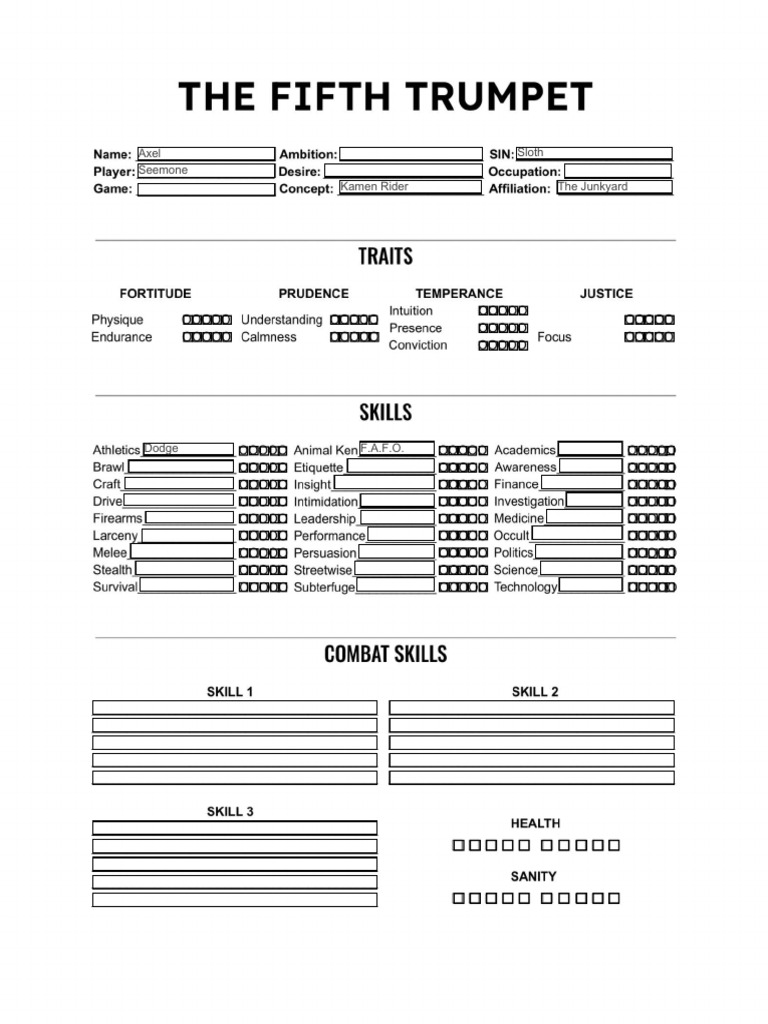 The Fifth Trumpet Character Sheet PDF - Compressed | PDF