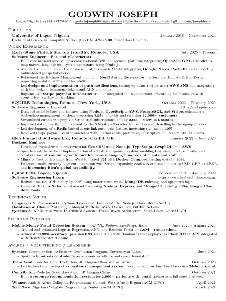 Godwin Joseph - Software Engineer Resume | PDF | Mongo Db | Amazon Web ...