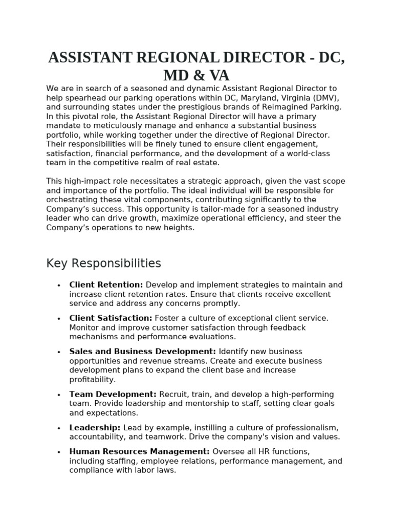 Assistant Regional Director DC, Va, MD | PDF | Employee Retention ...