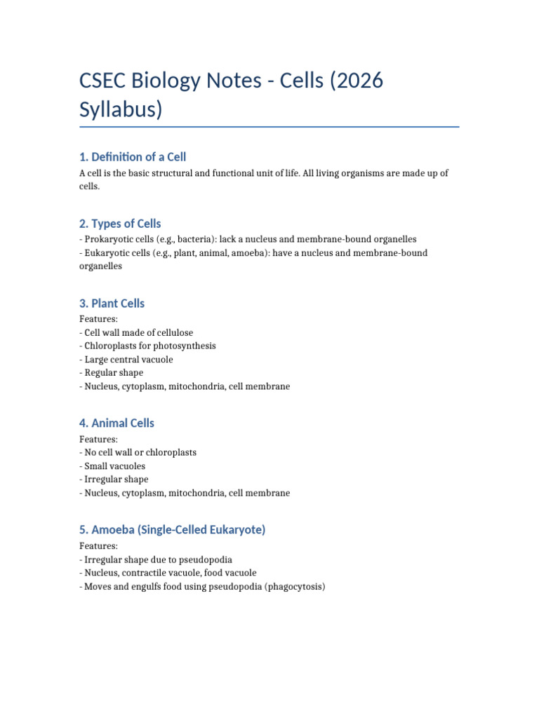 CSEC Biology: Cells Overview 2026 | PDF