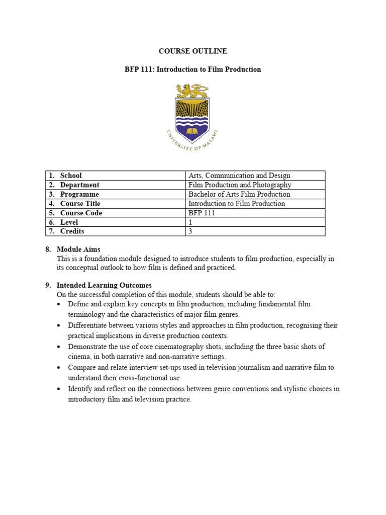 BFP 111 - Introduction To Film Production - Course Outline-1 | PDF | Genre