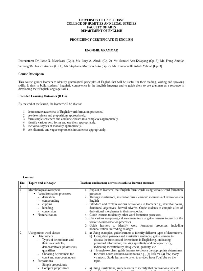 ENG 014B Grammar - Wascal Batch 8 - Outline - 2025-1 | PDF | Verb ...
