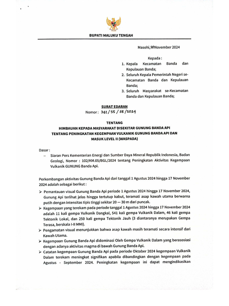 Se Bupati Maluku Tengah TTG Himbauan Gunung Banda API | PDF