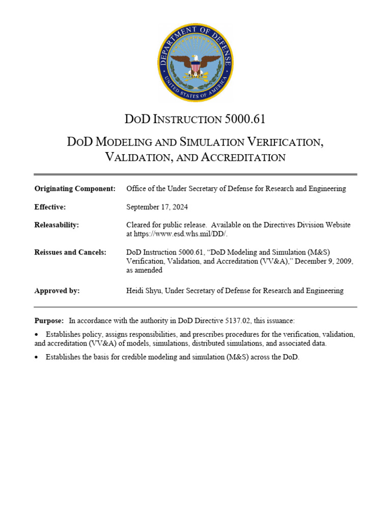 DoD Instruction 5000.61 on M&S VV&A | PDF | Simulation | Verification ...