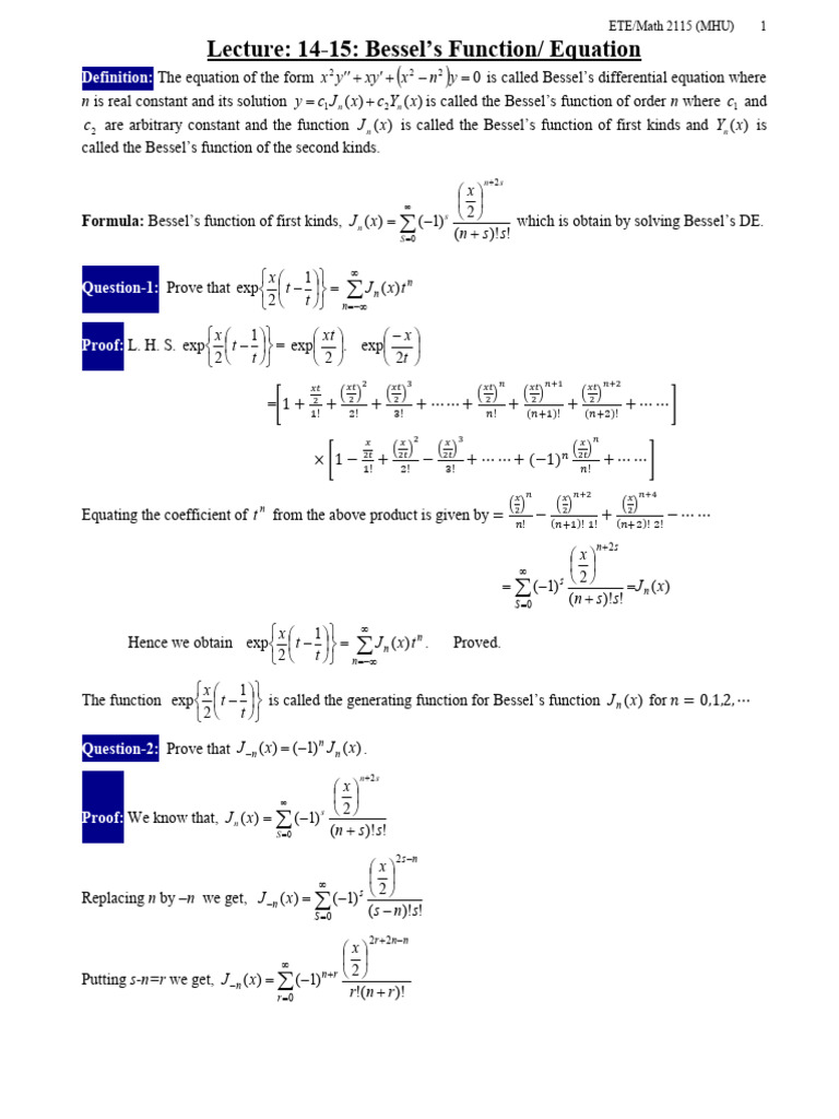 Lecture-14-15 Bessel's Function & Equation | PDF | Exponential Function ...