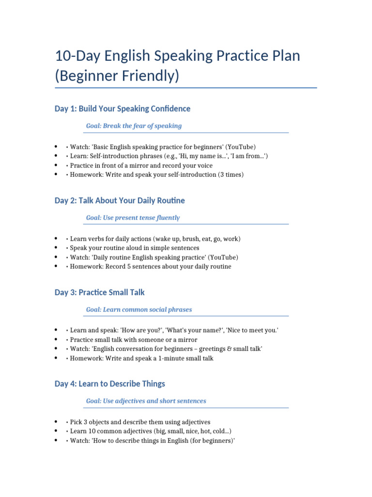 10-Day English Speaking Plan | PDF | English Language | Phrase
