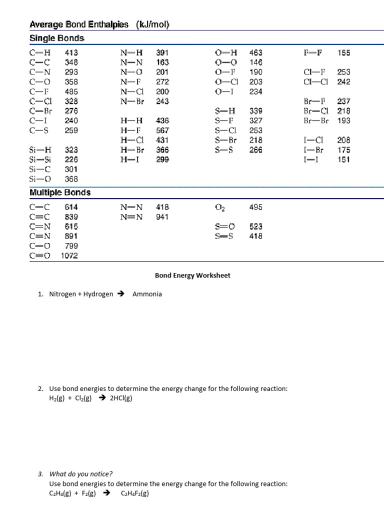 Bond Energy Calculations Worksheet | PDF | Hydrogen | Oxygen