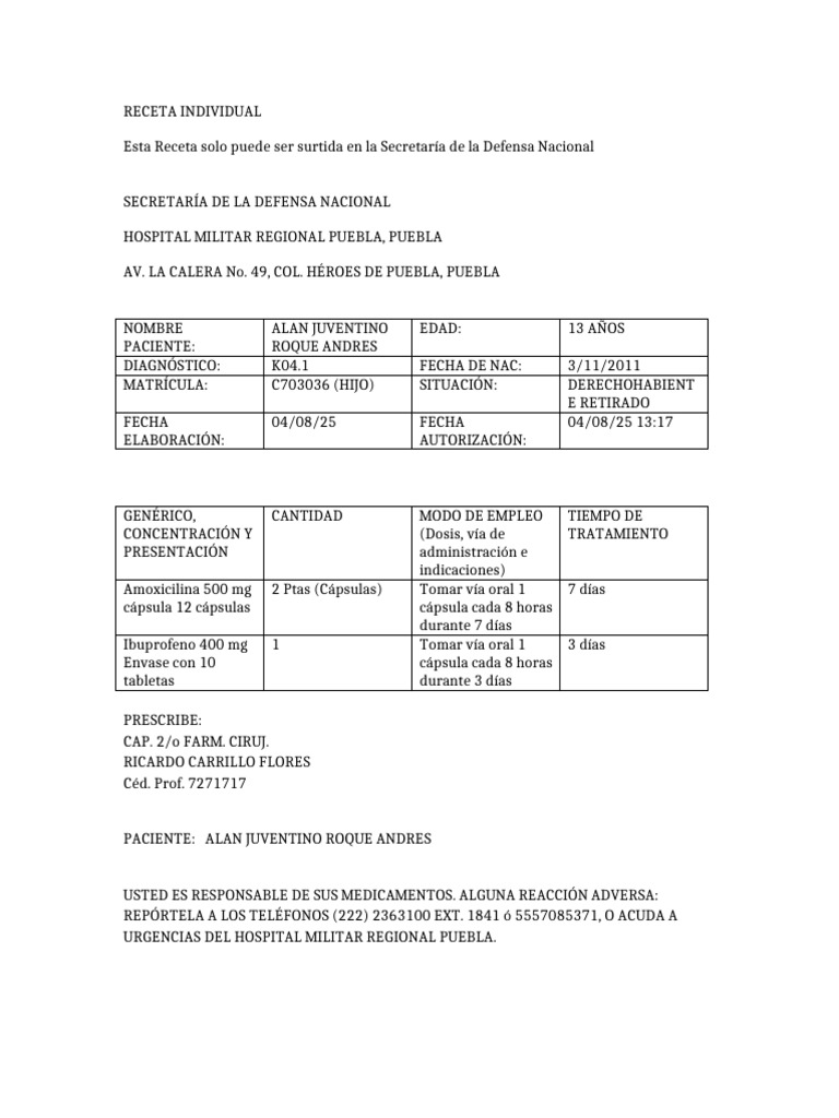 Receta Médica para Alan Roque Andrés | PDF