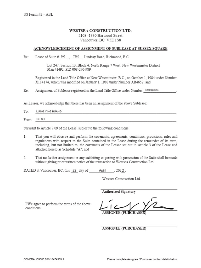 Acknowledgement of Assignement of Sublease at SS #2 | PDF | Lease ...
