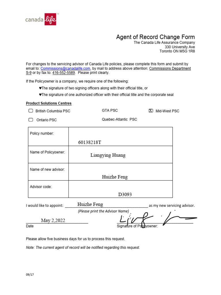 Canada Life AOR Change Form | PDF