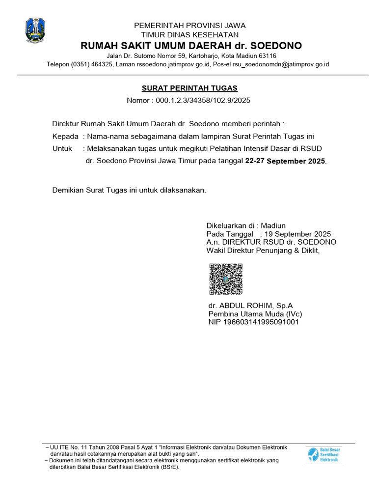 Surat Tugas Pelatihan RSUD dr. Soedono | PDF
