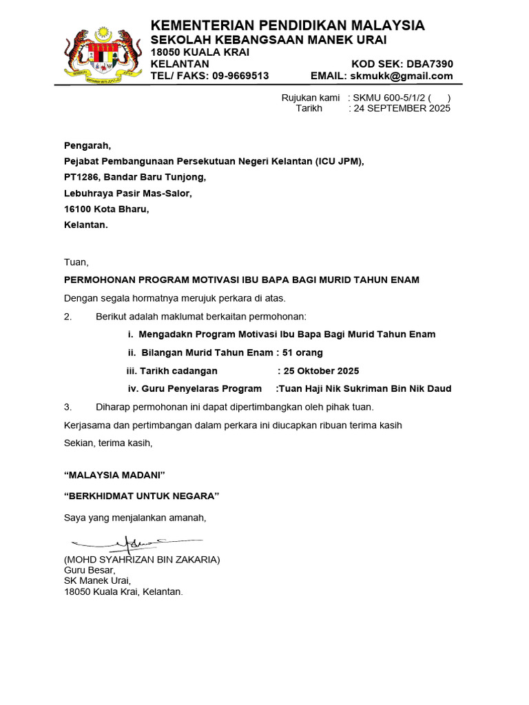 Surat Permohonan Program Motivasi Tahun 6 | PDF