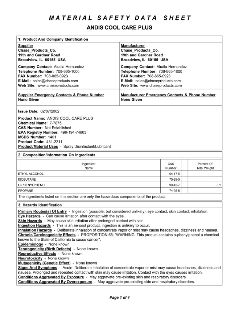 MSDS Andis Cool Care Plus | PDF