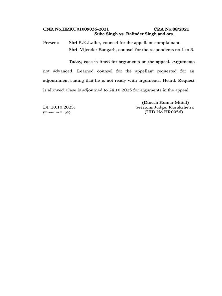 Appeal Adjournment Notice: Sube Singh Case | PDF