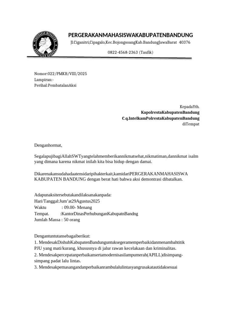 Surat Pembatalan Aksi PMK Bandung Intelkam (1) | PDF