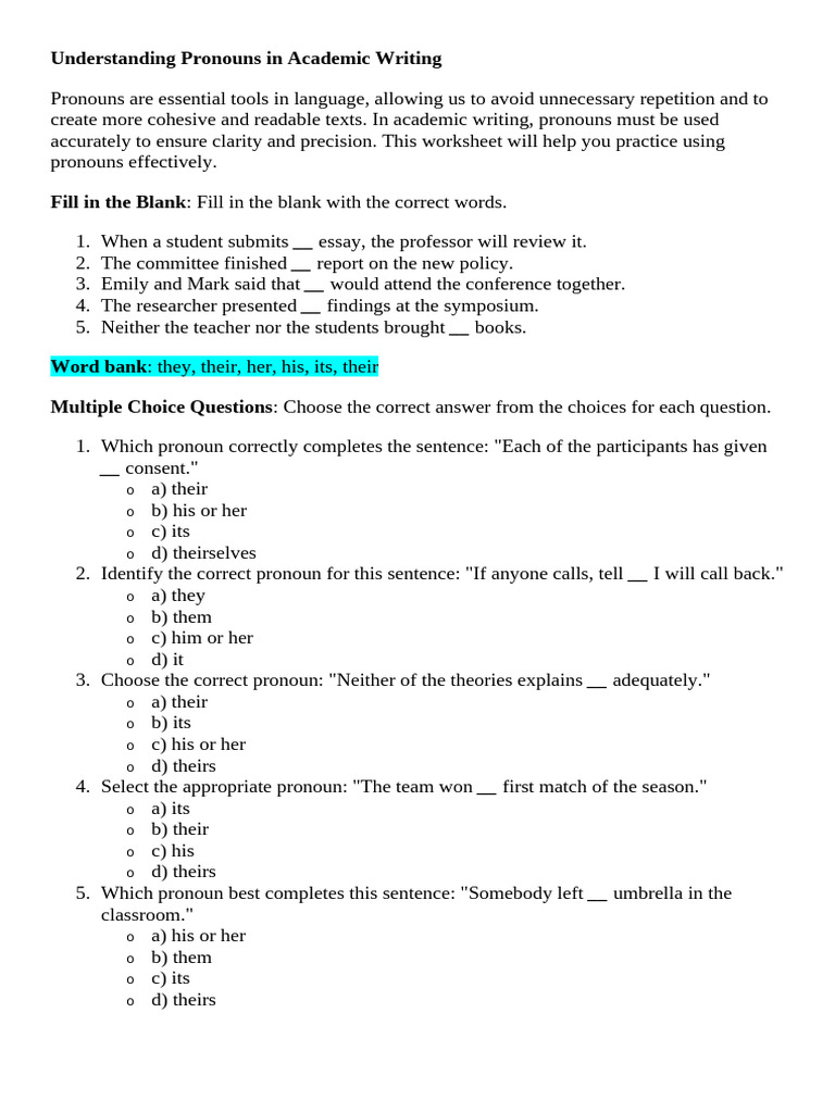 Pronouns Worksheet | PDF