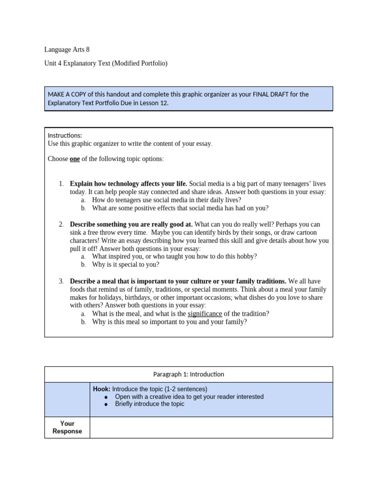 LA 8 Unit 4 Explanatory Text Assignment (Modified) 2025 | PDF | Essays ...