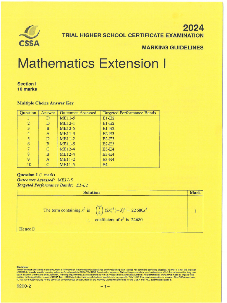 2024 Mathematics Extension 1 Trial HSC Solutions | PDF