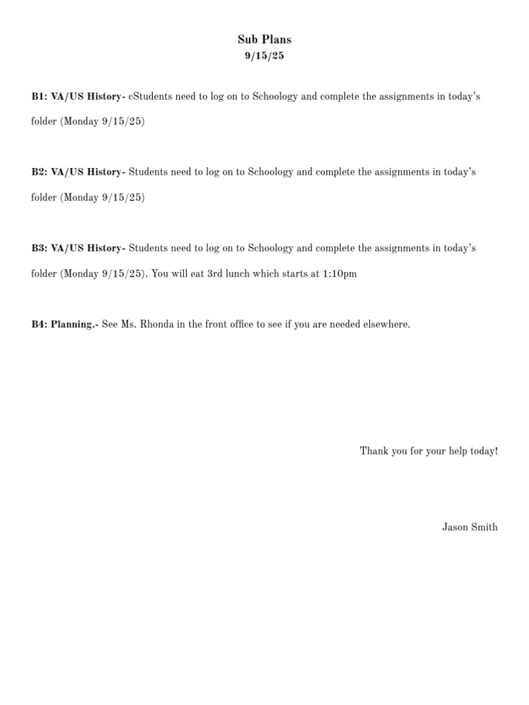 VA/US History Sub Plans for 9/15/25 | PDF
