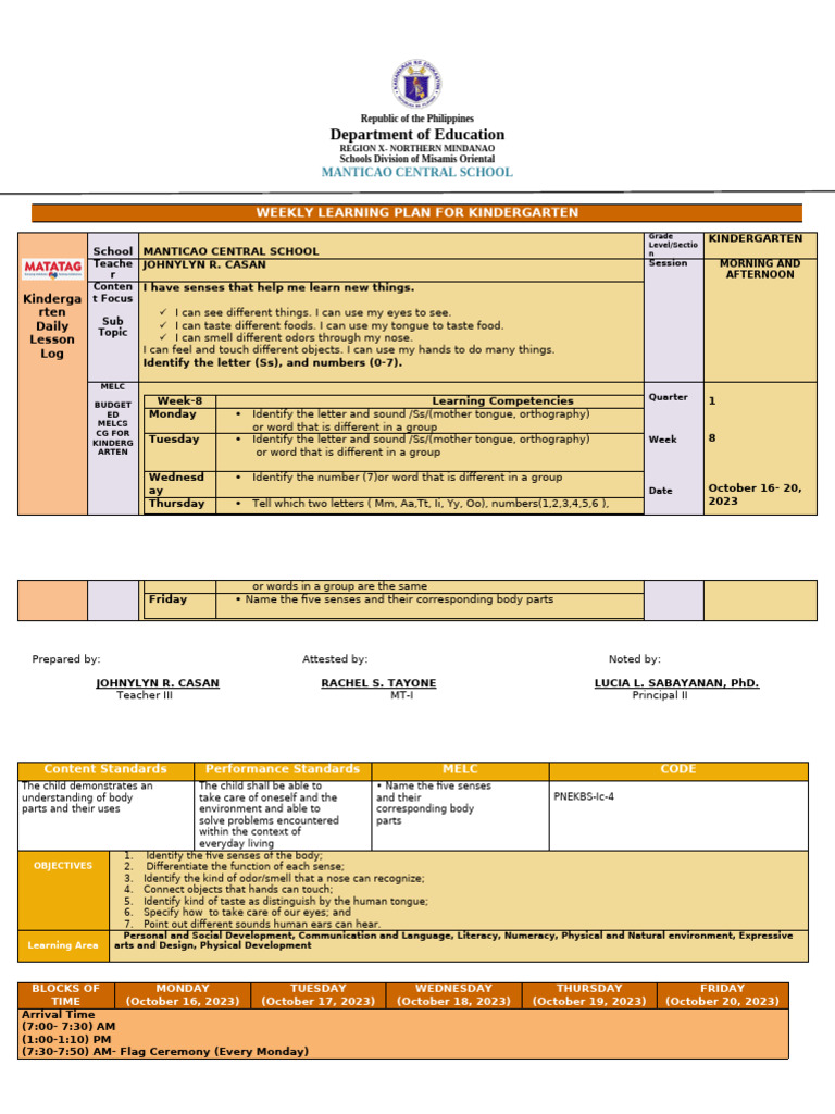 Kindergarten Weekly Learning Plan: Senses | PDF | Taste | Senses