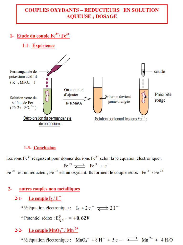 Cours Couple Redox en Solution Aqueuse-Dosage 1c | PDF