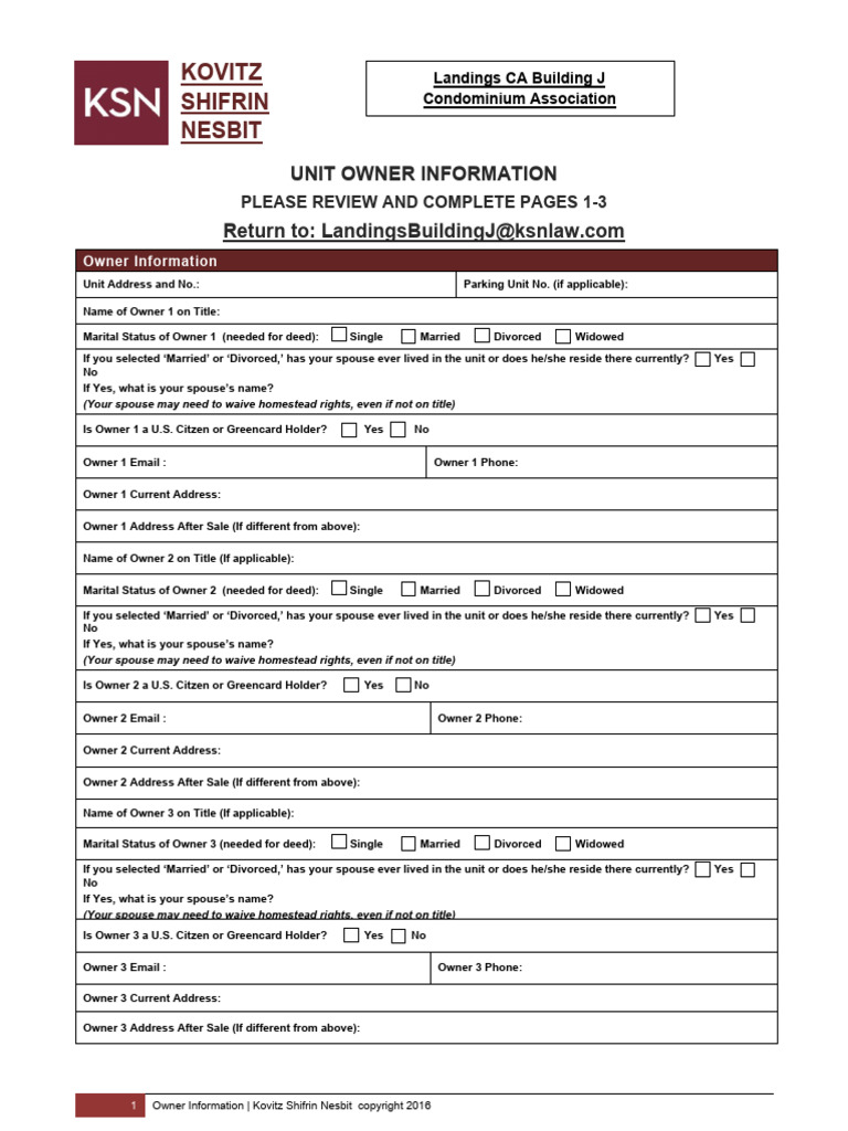Unit Owner Information Form | PDF | Lease | Private Law