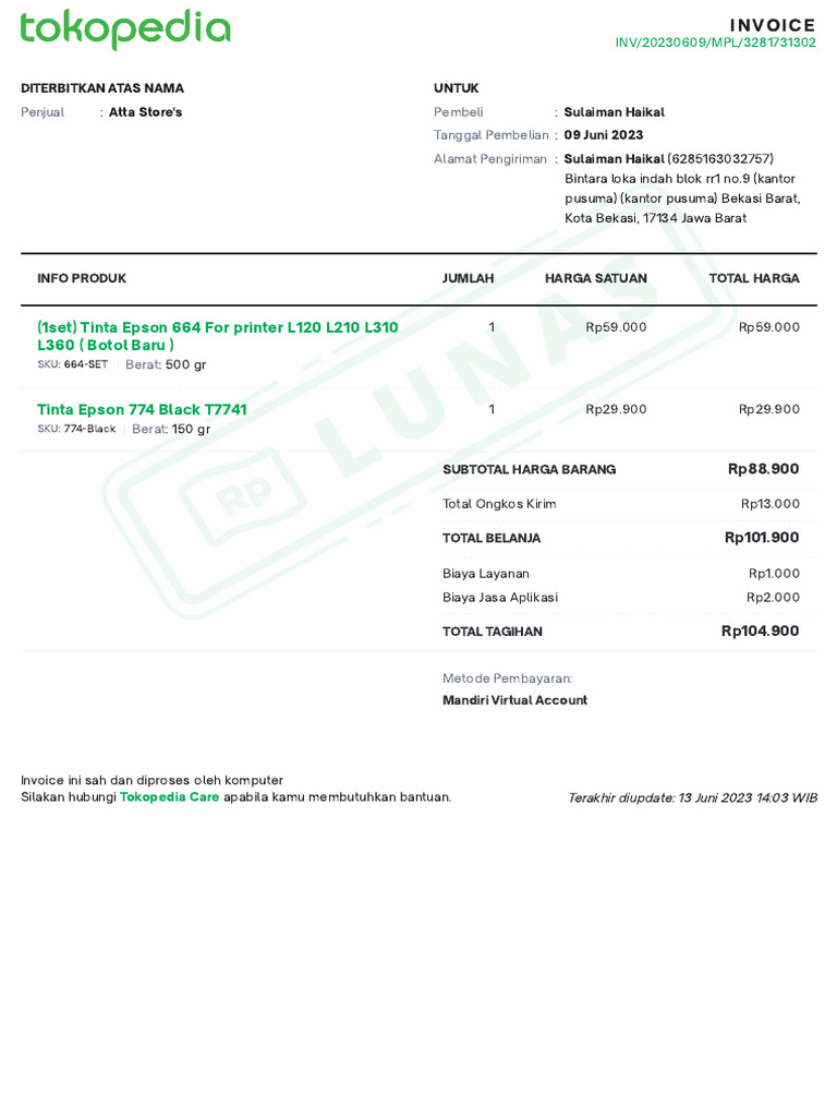 Invoice Pembelian Tinta Epson 2023 | PDF