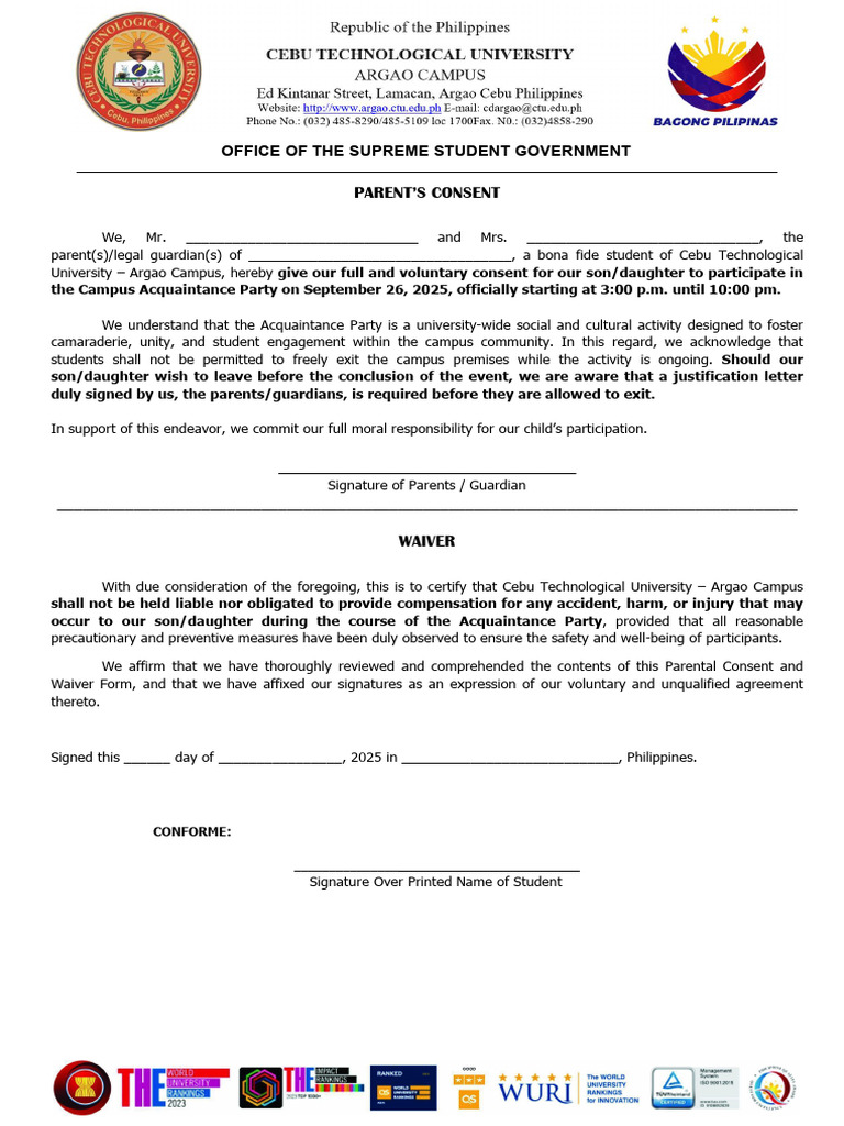 Parents Consent Waiver Form Acquaintance Party | PDF