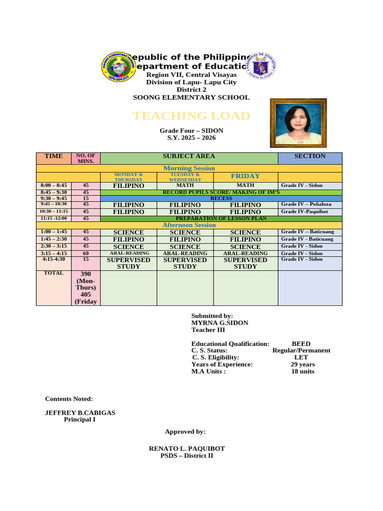 Grade 4 Teaching Load & Class Program | PDF | Philippines