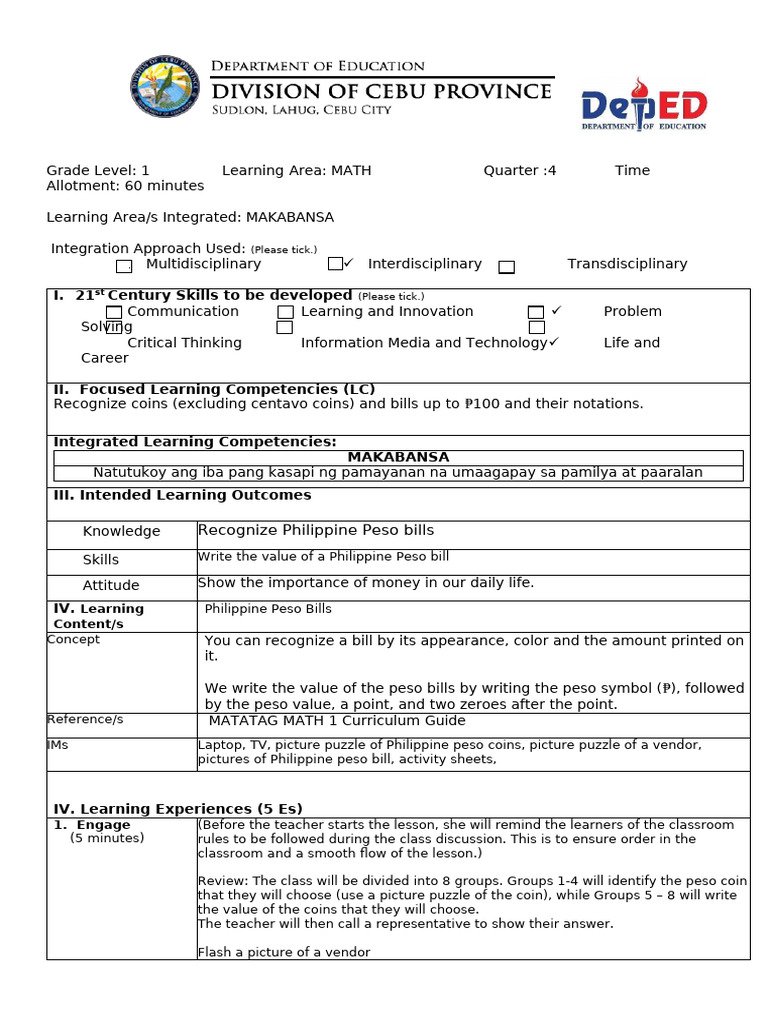 Understanding Philippine Peso Bills for Grade 1 | PDF | Learning ...