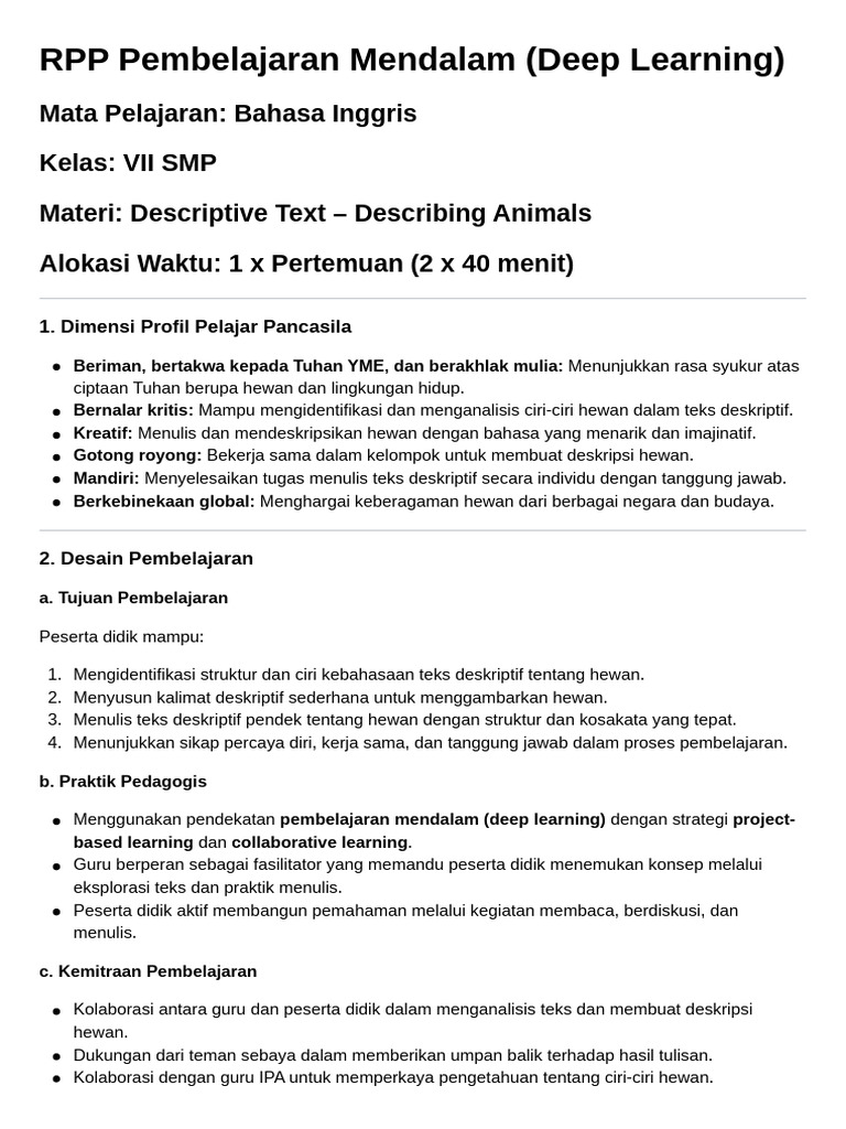 RPP Pembelajaran Mendalam - Descriptive Text | PDF