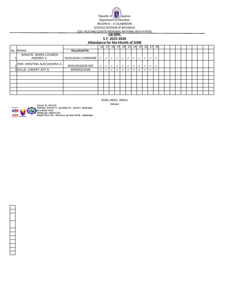 G8 SPFL 4Ps Monthly Attendance | PDF