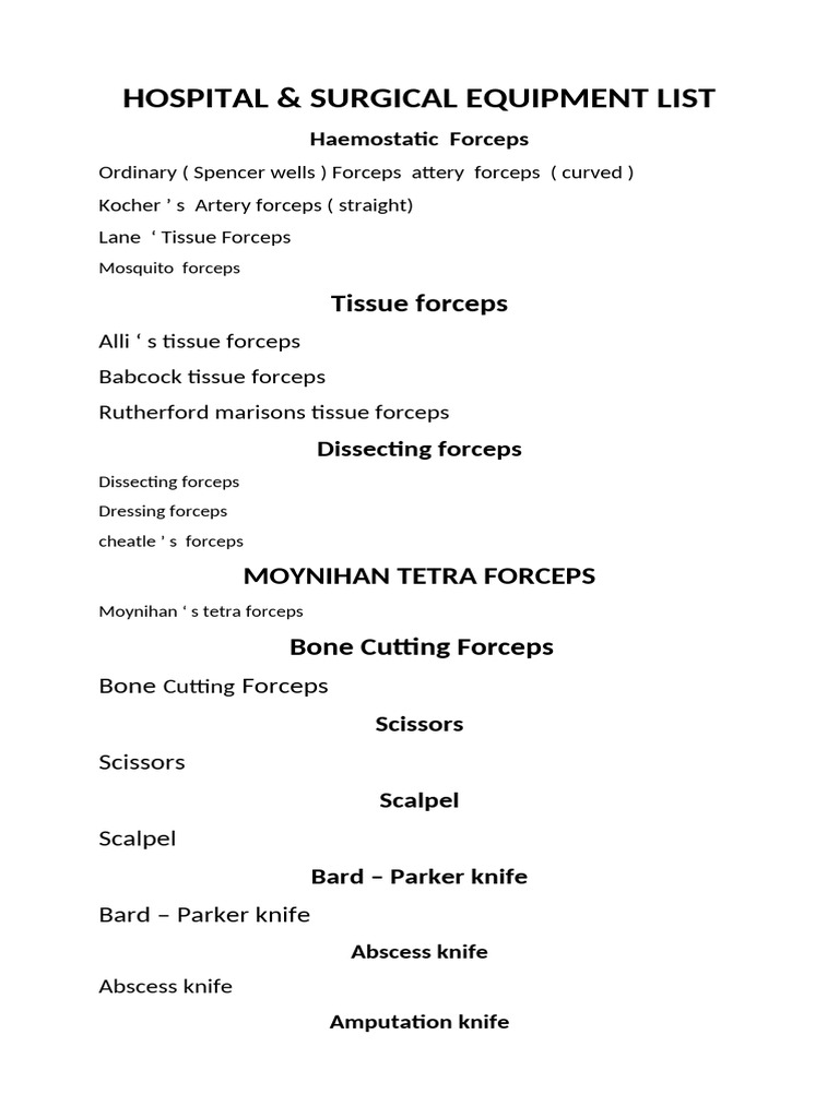 Comprehensive Surgical Equipment List | PDF