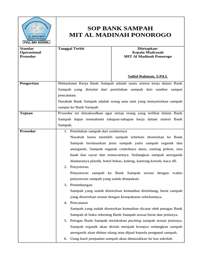 SOP Bank Sampah MIT Al Madinah Ponorogo | PDF