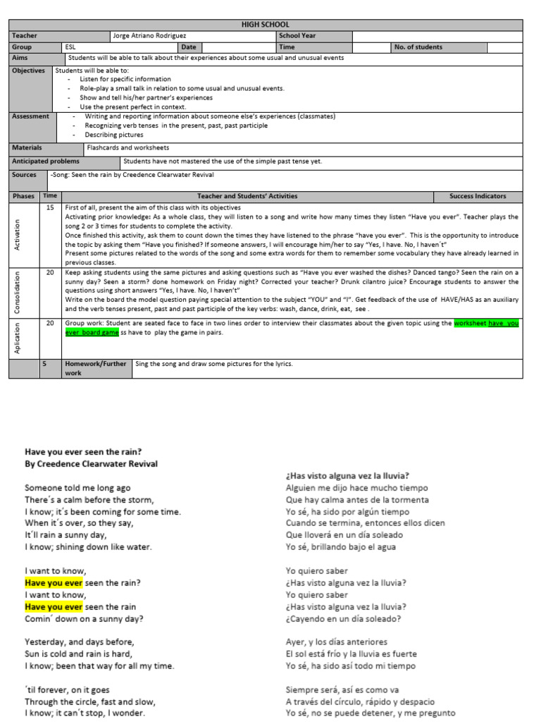 ESL Lesson Plan: Present Perfect Activities | PDF | Verb | Linguistics