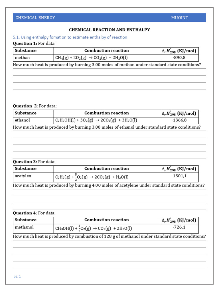 Enthalpy Calculations for Combustion Reactions | PDF | Methanol | Propane