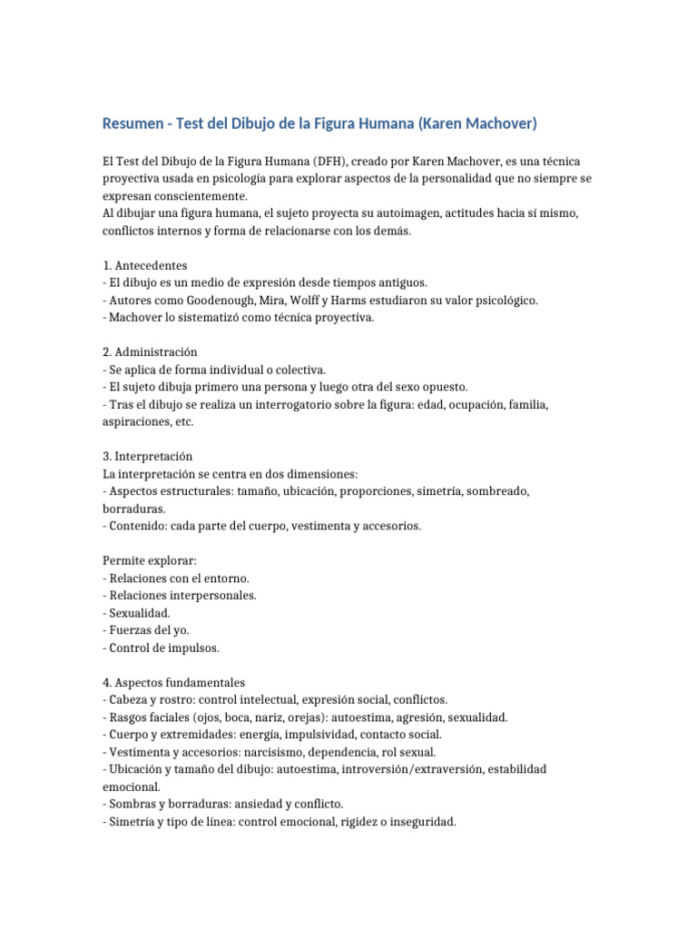 Resumen - Test Del Dibujo de La Figura Humana (Karen Machover) | PDF