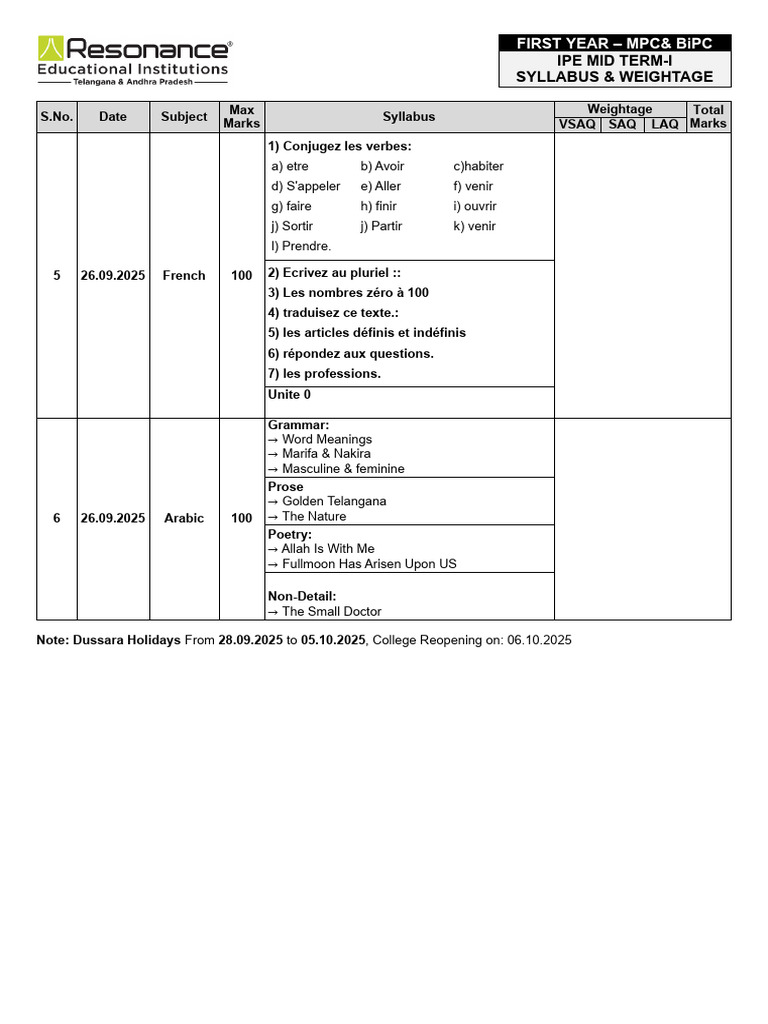 French Arabic Ipe Mid Term 1 Syllabus 1st 2nd Year Pdf
