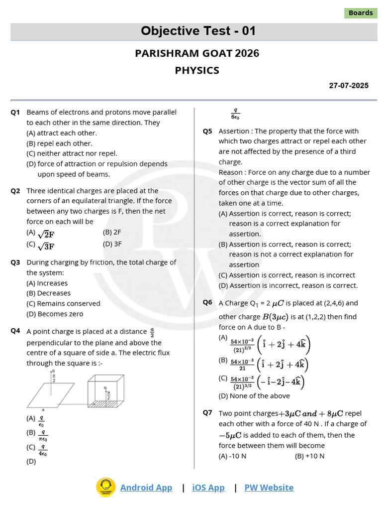 Physics Objective Test on Electric Charges | PDF | Capacitor | Capacitance