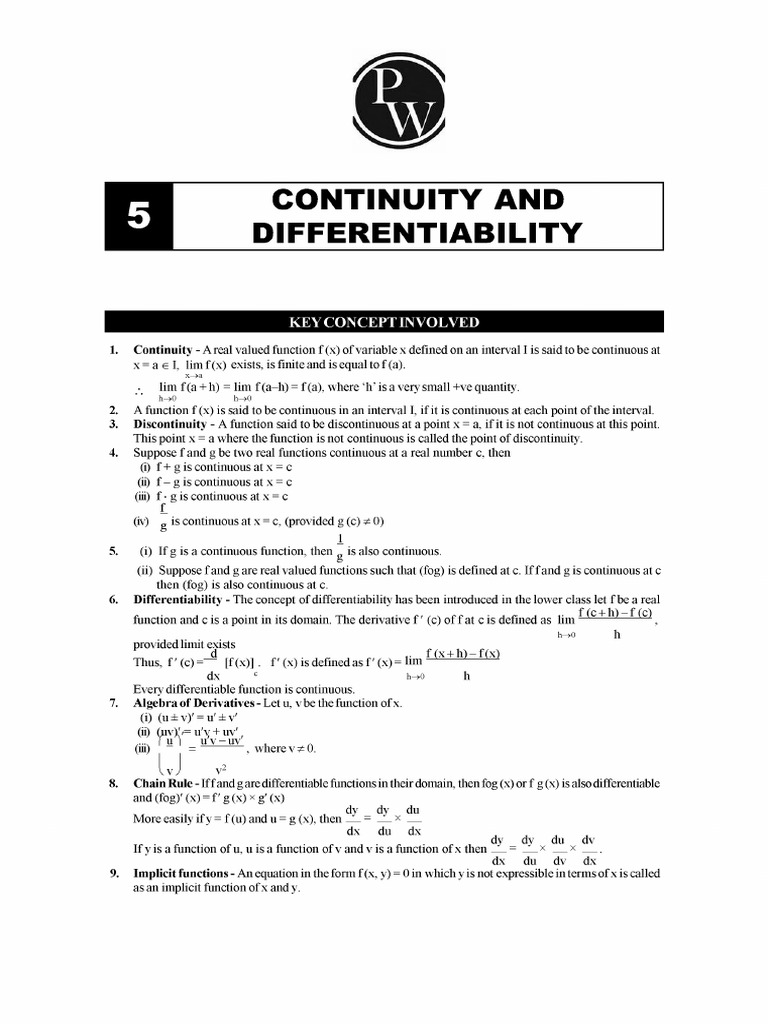 Continuity and Differentiability Formula Sheet | PDF