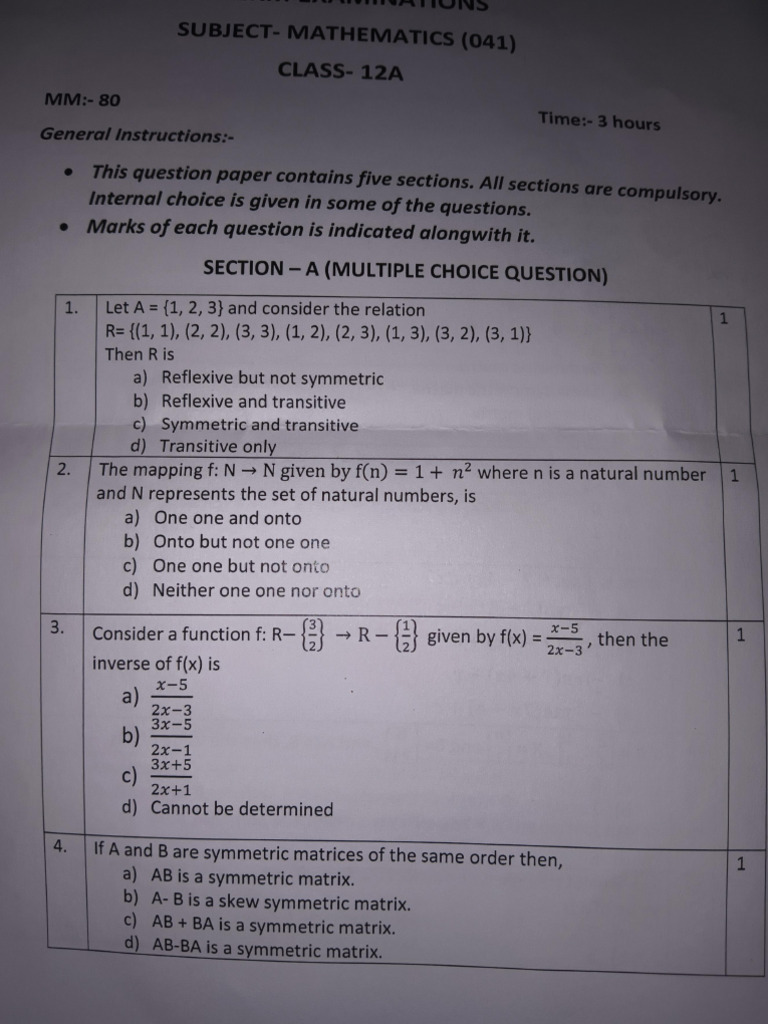 Class 12 Mathematics Question Paper | PDF | Matrix (Mathematics ...
