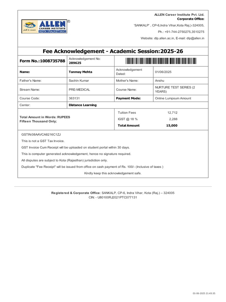 Fee Receipt - 1008735788 - 01-06-2025 21 - 43 - 35 | PDF | Money ...